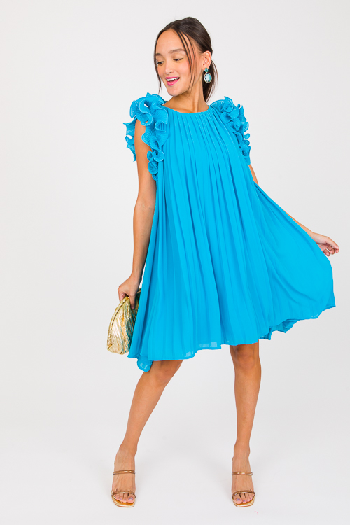 Pleated Ruffles Dress, Blue - SALE - The Blue Door Boutique