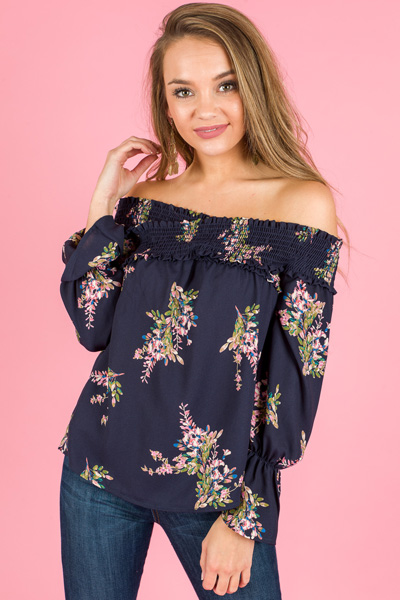 Floral Smocked Top, Navy - Off Shoulder - Tops - The Blue Door Boutique