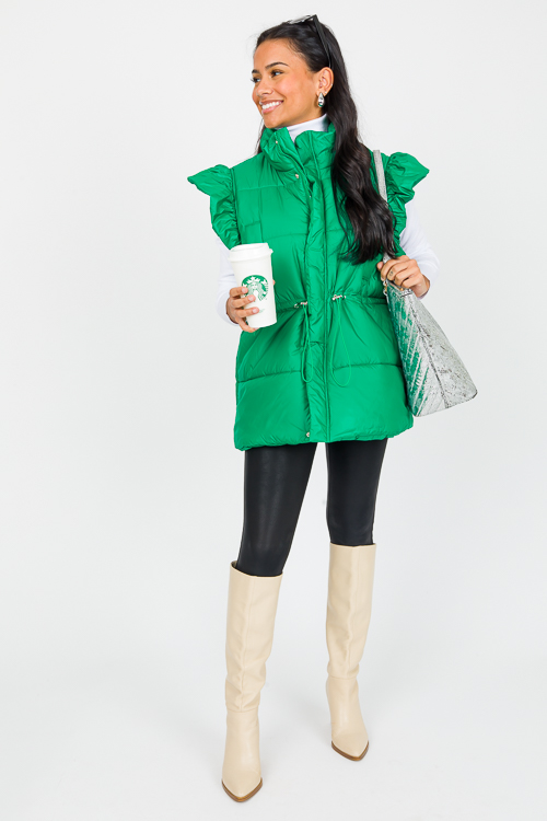 Drawstring Puffer Vest, Green - New Arrivals - The Blue Door Boutique