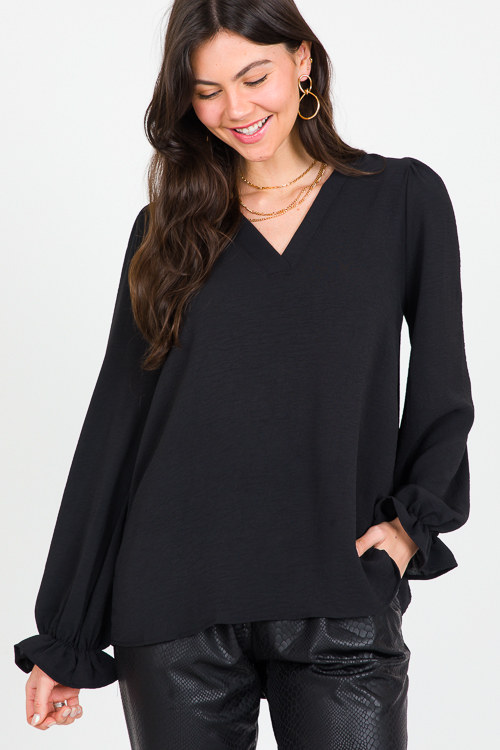 Ruffle Wrist Solid Blouse, Black - Sale - The Blue Door Boutique