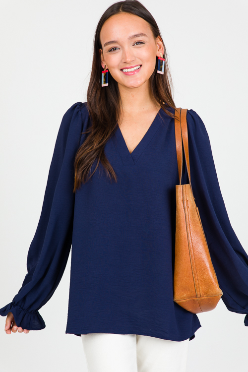 Ruffle Wrist Solid Blouse, Navy - New Arrivals - The Blue Door Boutique
