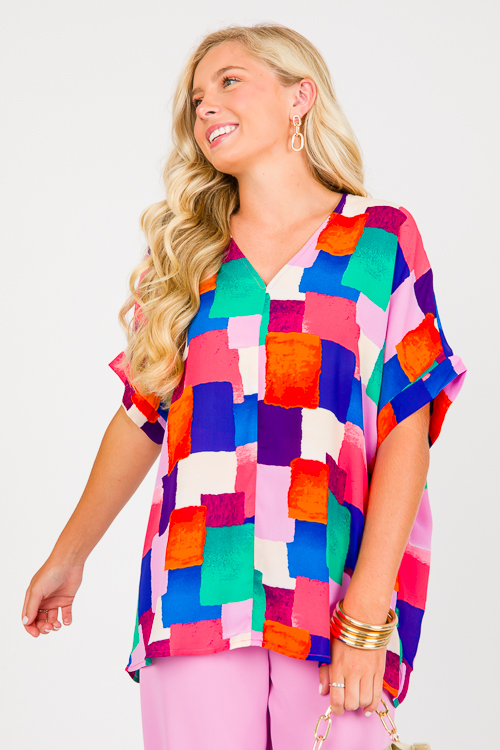 Multi Squares Boxy Blouse - SALE - The Blue Door Boutique