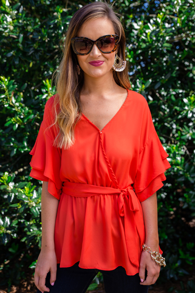 Ruffle Wrap Top, Tomato - Tops - The Blue Door Boutique