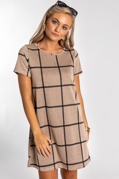 Window Pane Shift, Taupe - Dresses w/ Sleeves - Dresses - The Blue Door ...