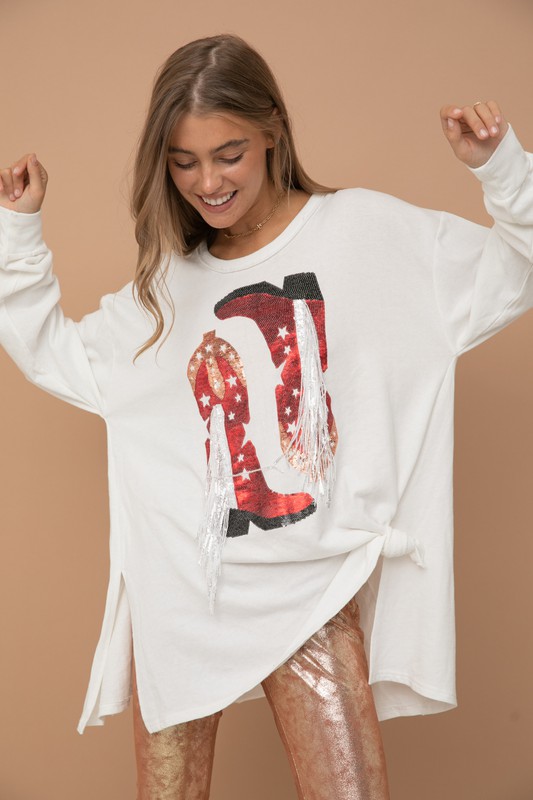 Sequin Boot Tunic, White Red - SALE - The Blue Door Boutique